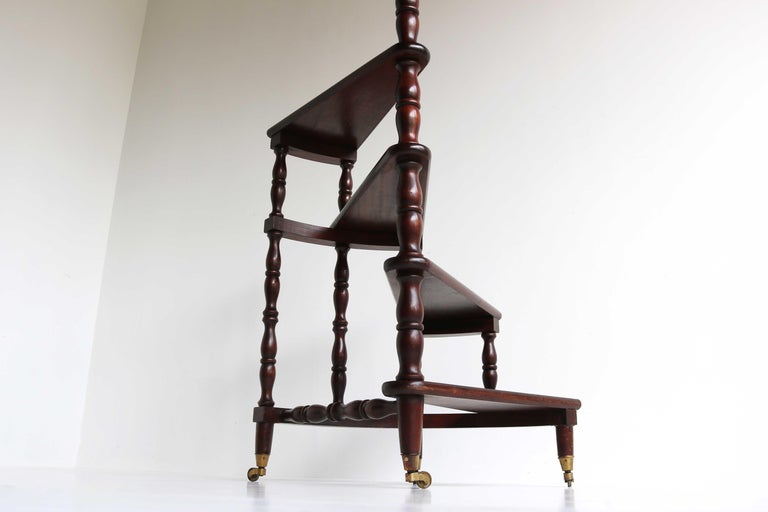 Spiral 4-Step Library Stairs Casters , Wood and Leather Bookcase Ladder ...