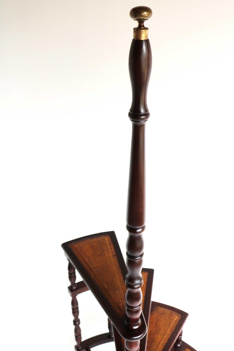 Spiral 4-Step Library Stairs Casters , Wood and Leather Bookcase Ladder ...