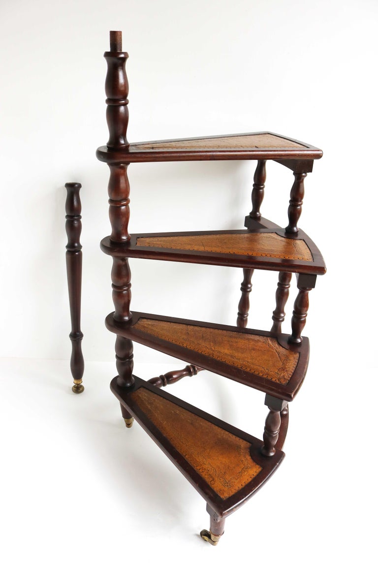 Spiral 4-Step Library Stairs Casters , Wood and Leather Bookcase Ladder ...