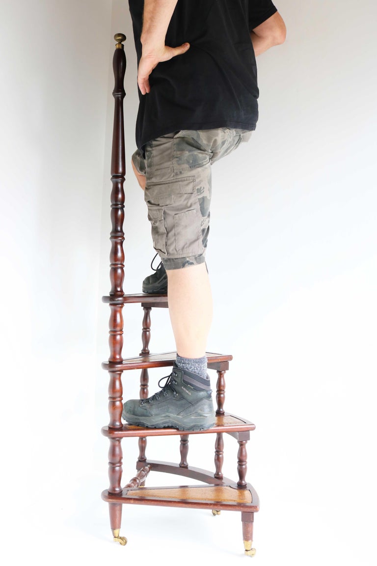 Spiral 4-Step Library Stairs Casters , Wood and Leather Bookcase Ladder ...
