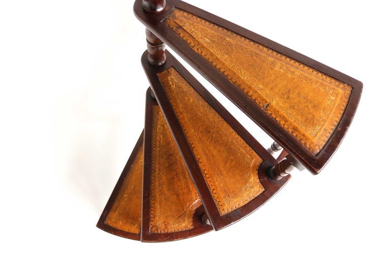 Spiral 4-Step Library Stairs Casters , Wood and Leather Bookcase Ladder ...