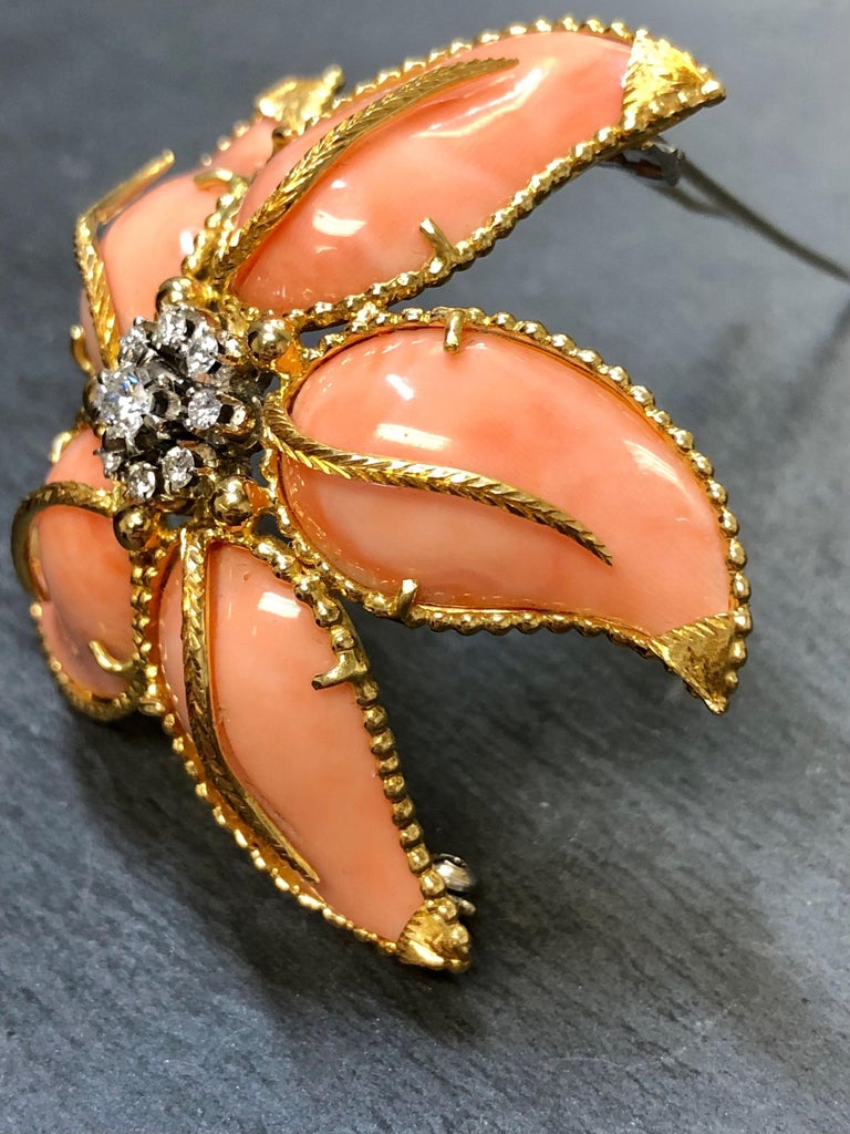 Spitzer and Furman 18k Coral Diamond Starfish Brooch For Sale at 1stDibs