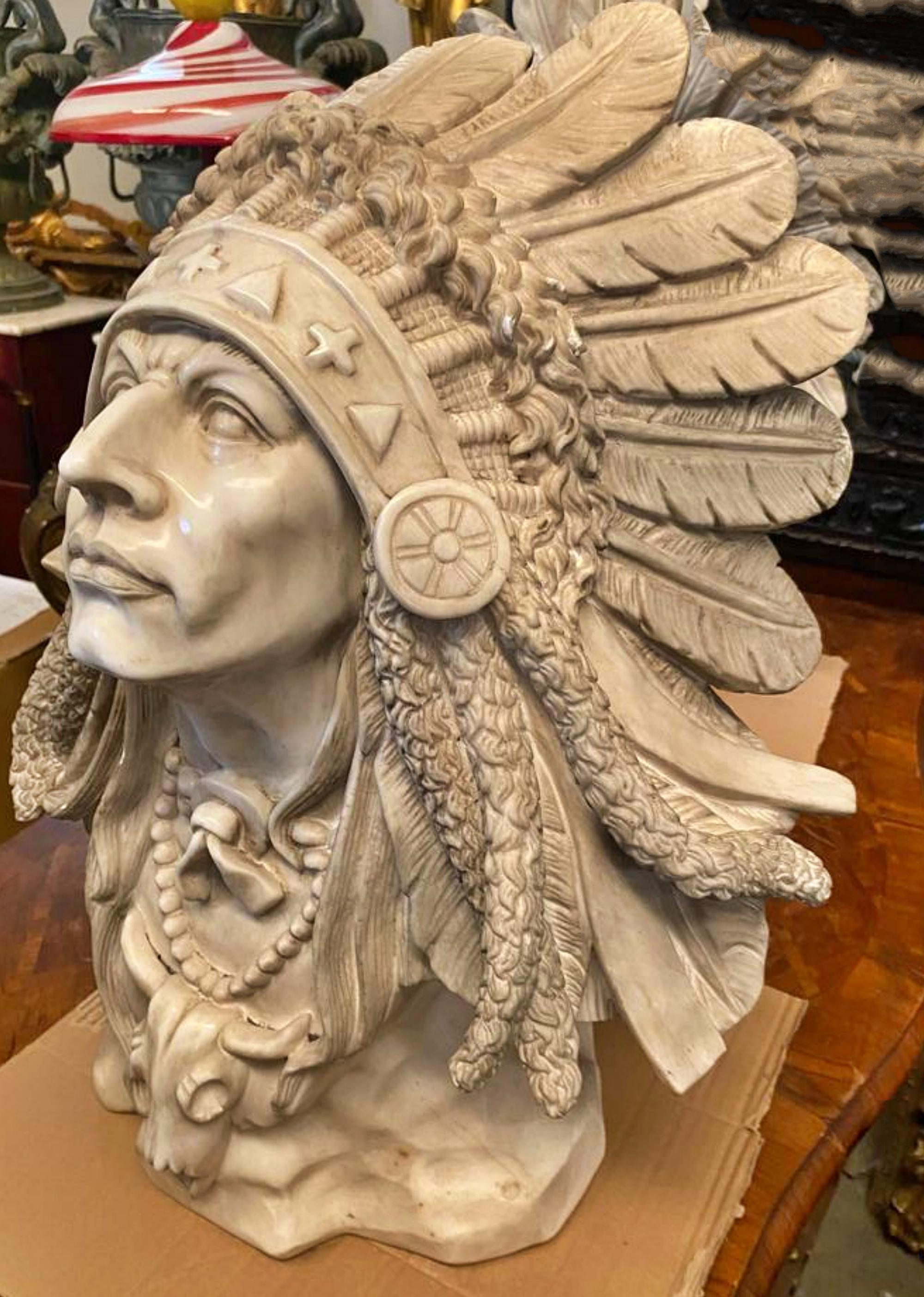 Splendid Italian Sculpture in Marble "American Indian", Early 20th ...