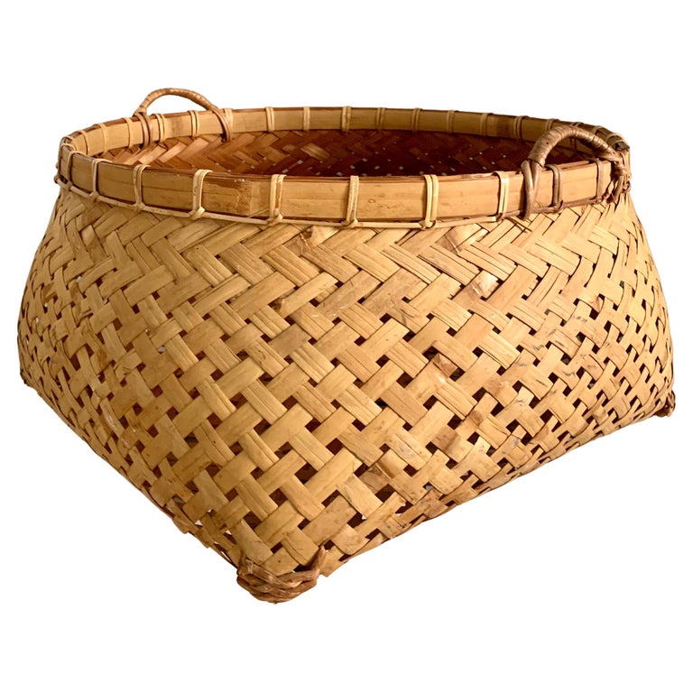 Split Bamboo Folk Art Woven Storage Basket with Handles For Sale at ...