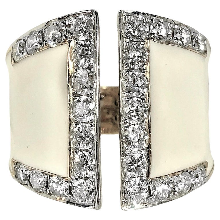 Split Front 18k Yellow Gold Ring with off White Color Enamel and ...