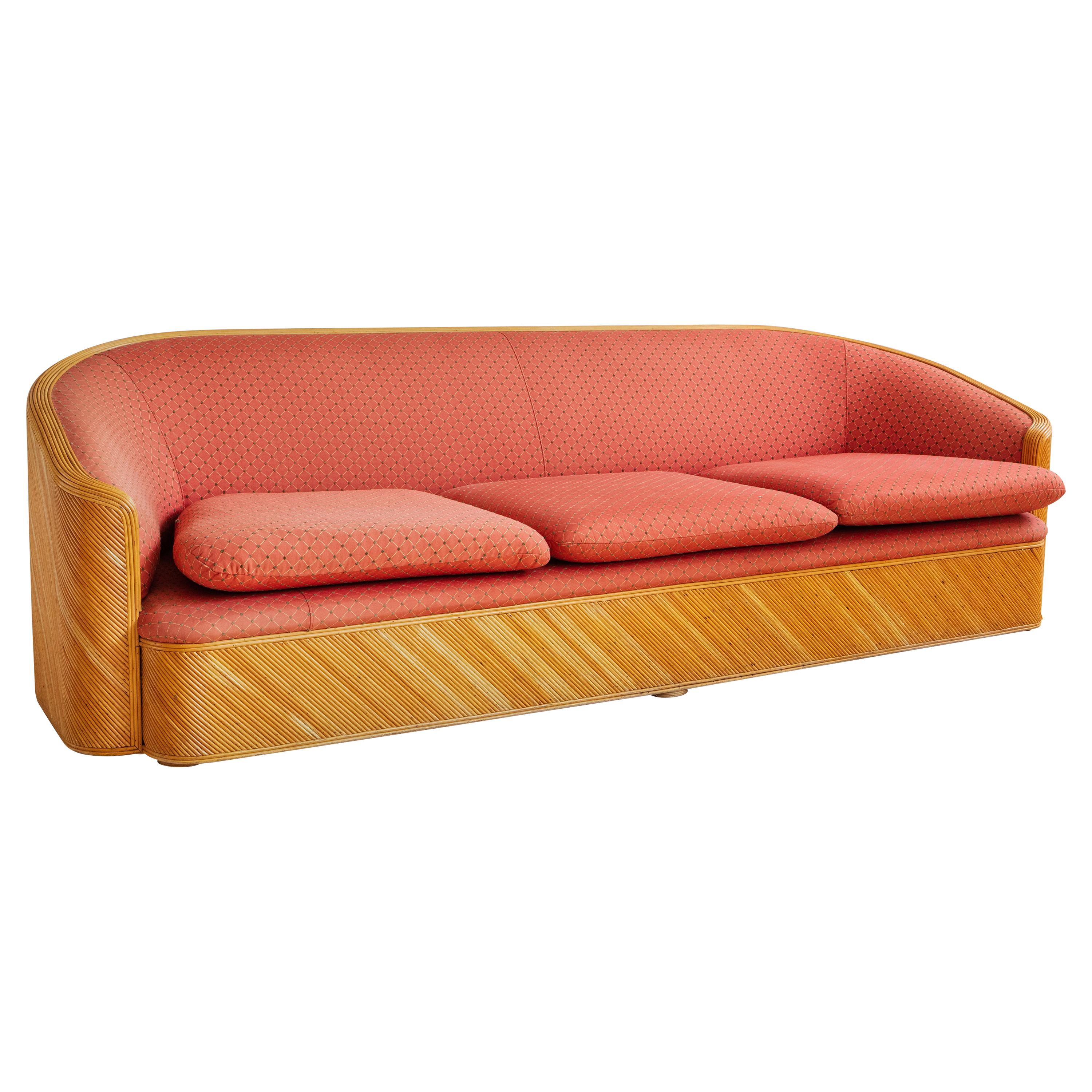 Split Reed Curved Sofa with Red Original Upholstery Fabric at 1stDibs