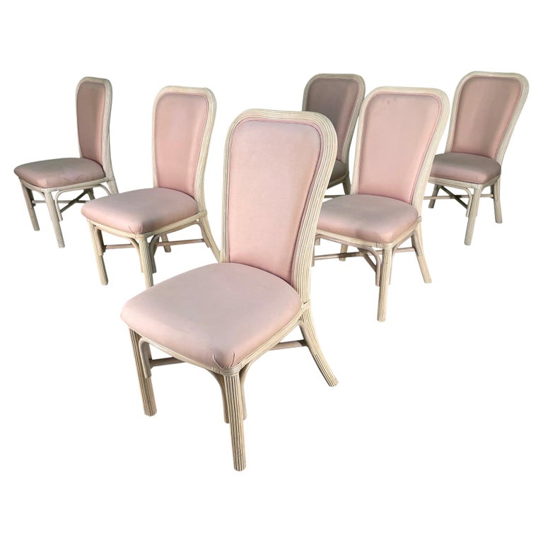Split Reed Rattan Pink Upholstered Dining Chairs, Set of 6 at 1stDibs