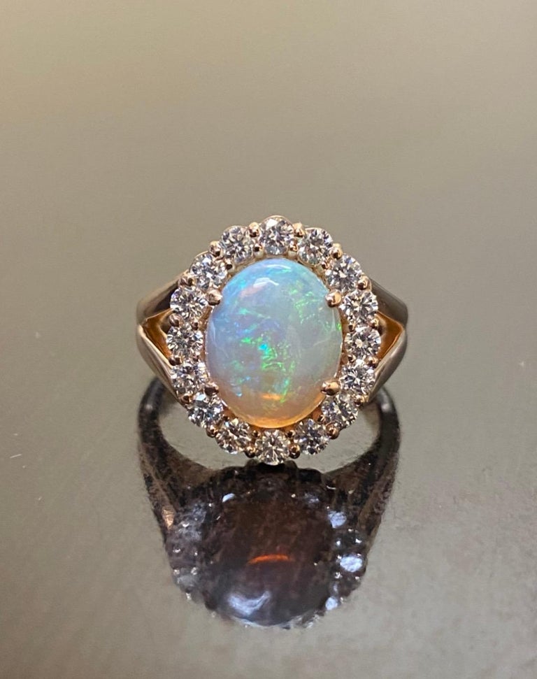 Split Shank 18K Rose Gold Halo Diamond Australian Opal Engagement Ring ...