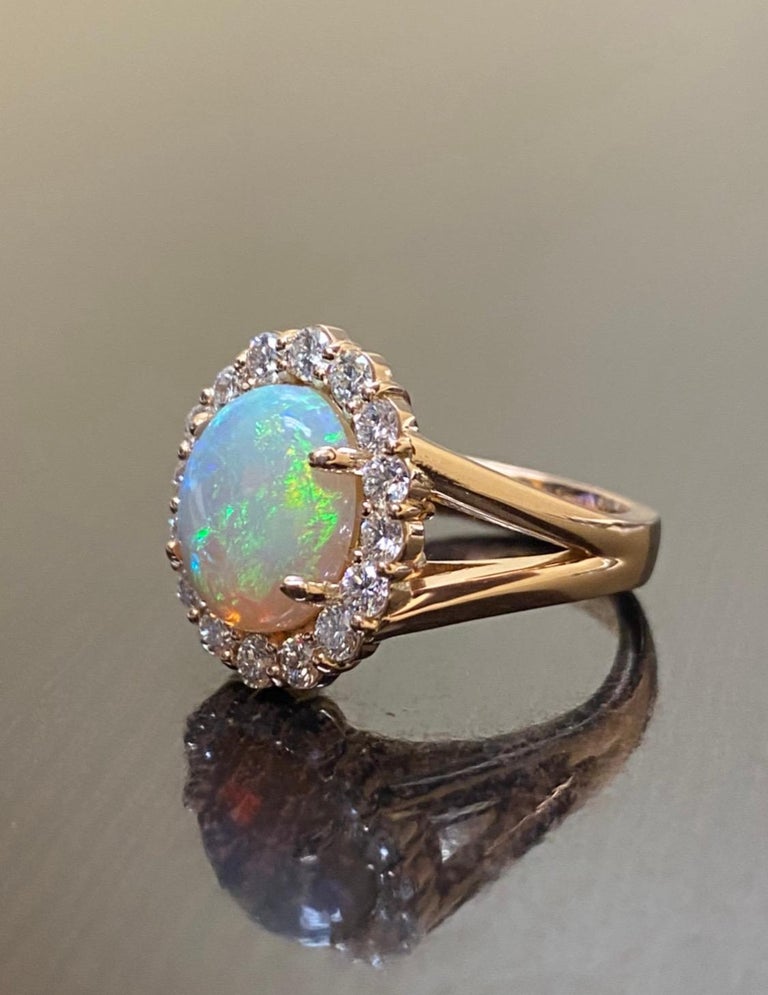 Split Shank 18K Rose Gold Halo Diamond Australian Opal Engagement Ring ...