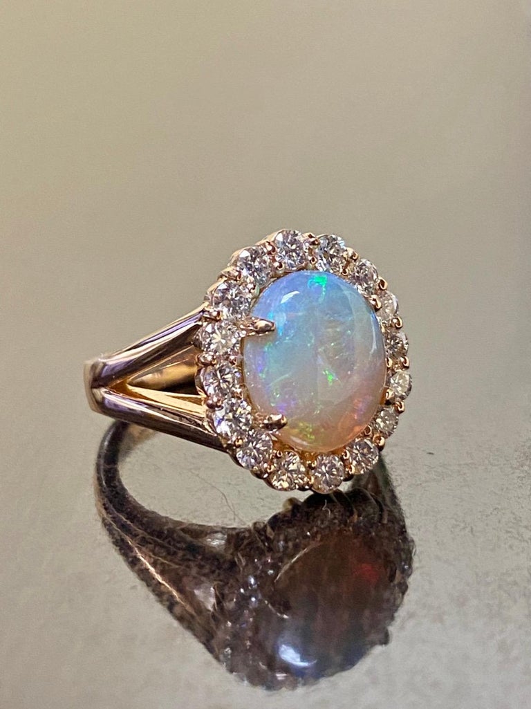 Split Shank 18K Rose Gold Halo Diamond Australian Opal Engagement Ring ...