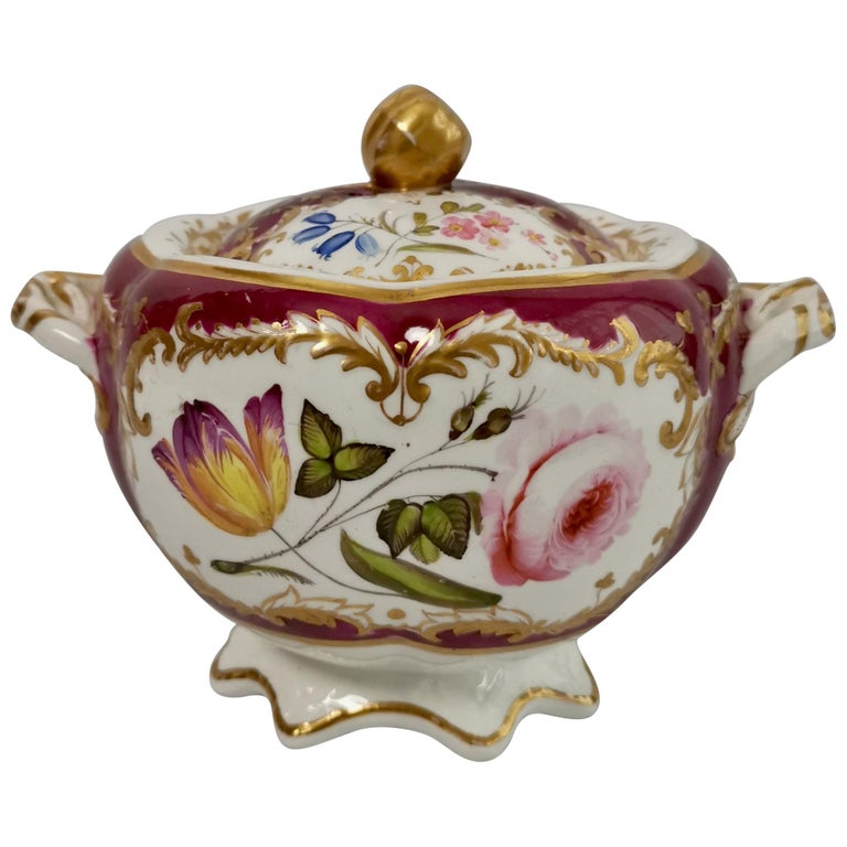 Spode Felspar Porcelain Sucrier, Maroon with Flowers, Rococo Revival ...