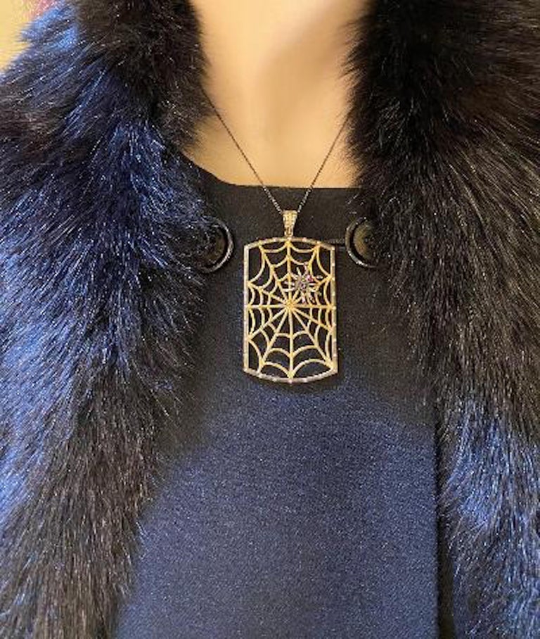 Spooktacular Large 18 Karat Gold Diamond Spider Web Pendant Necklace on ...