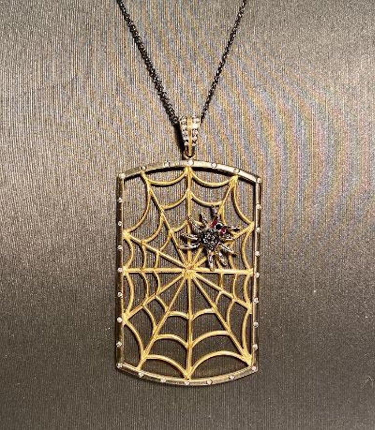 Spooktacular Large 18 Karat Gold Diamond Spider Web Pendant Necklace on ...