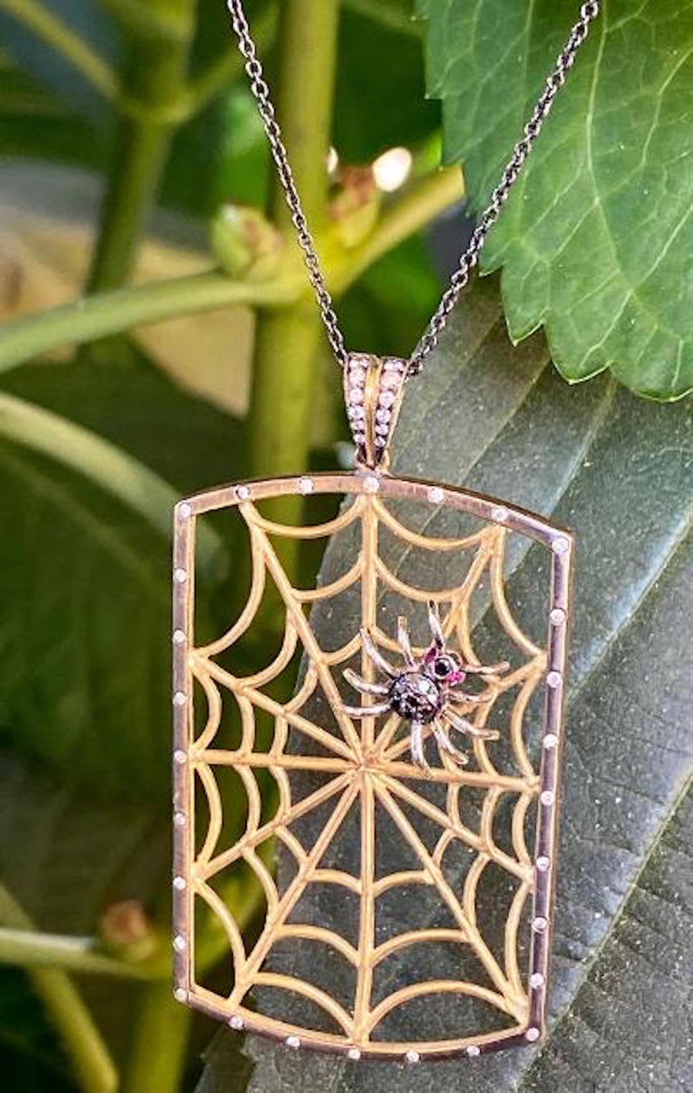 Spooktacular Large 18 Karat Gold Diamond Spider Web Pendant Necklace on ...