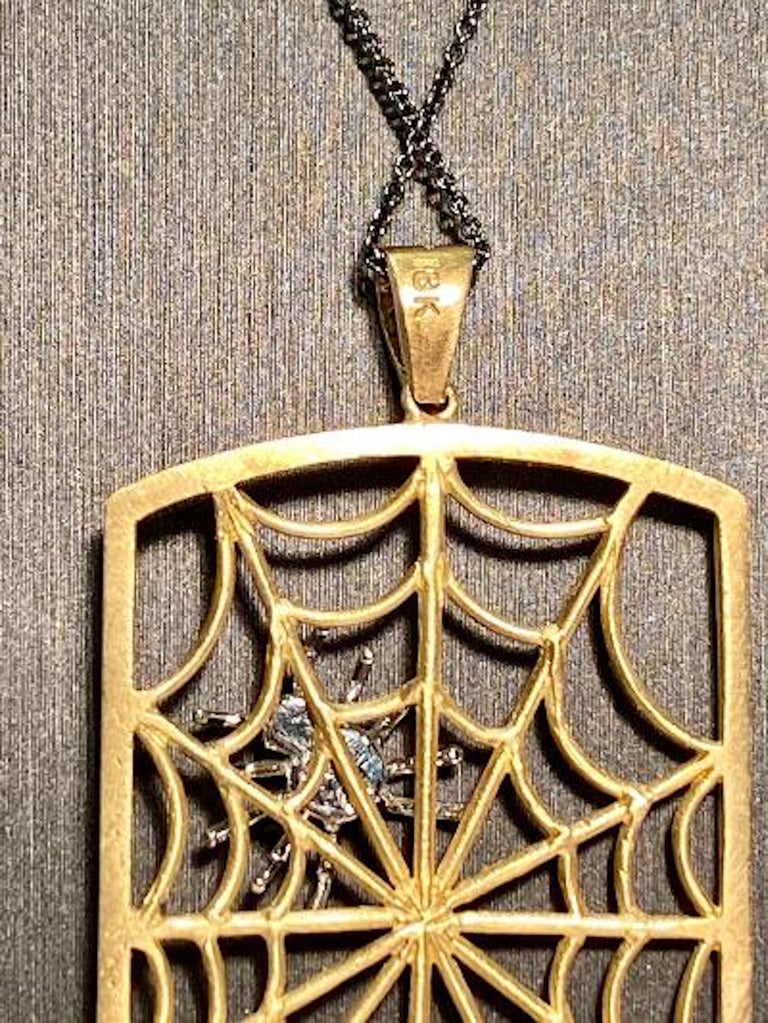 Spooktacular Large 18 Karat Gold Diamond Spider Web Pendant Necklace on ...