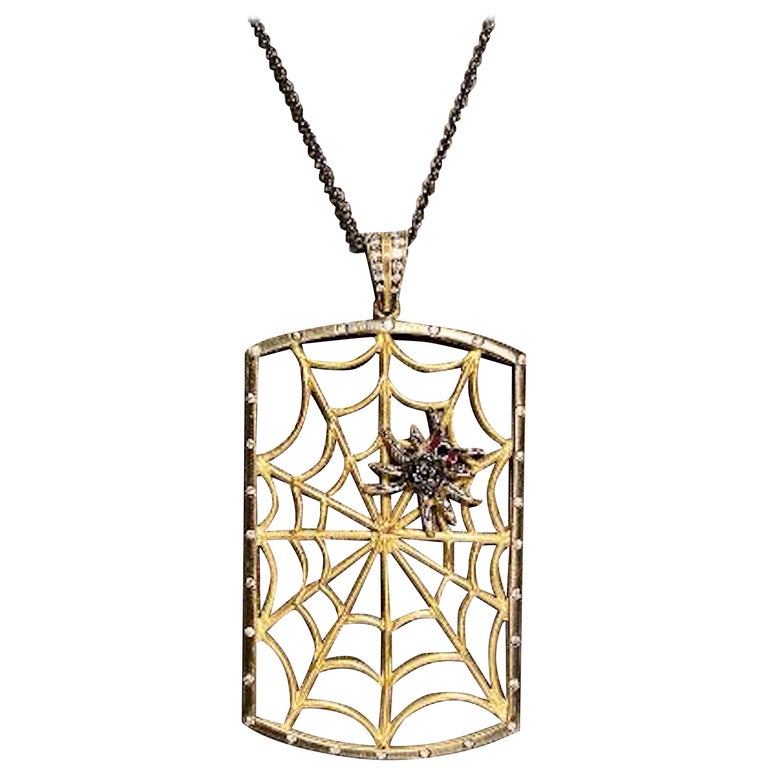 Spooktacular Large 18 Karat Gold Diamond Spider Web Pendant Necklace on ...