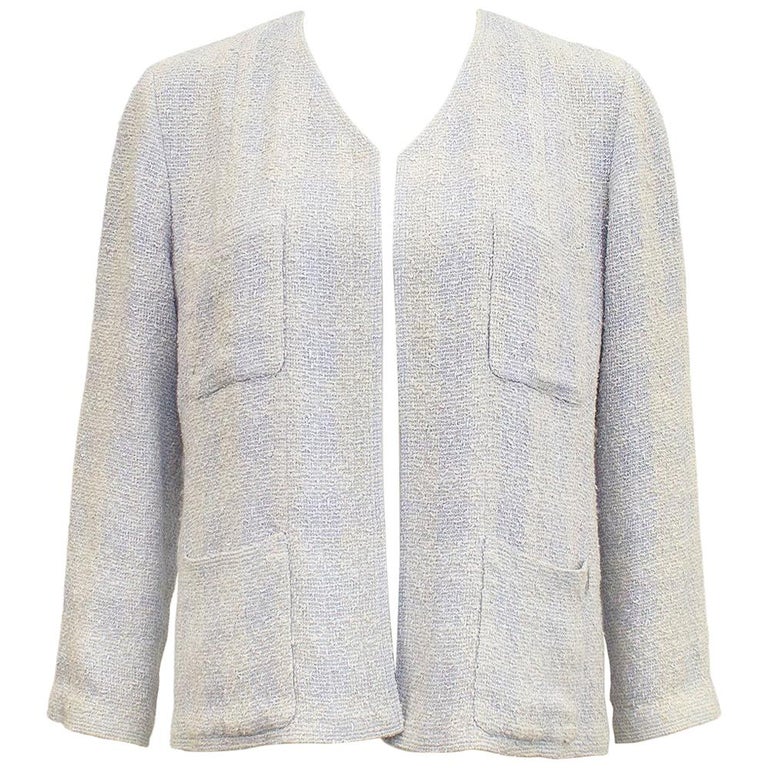 Spring 1999 Chanel Beige and Blue Open Front Tweed Jacket at 1stDibs