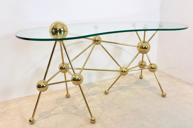 Sputnik Desk or Table with Brass Legs and Glass Top at 1stDibs