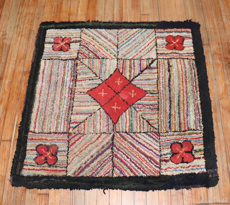Square American Hooked Scatter Rug For Sale at 1stDibs
