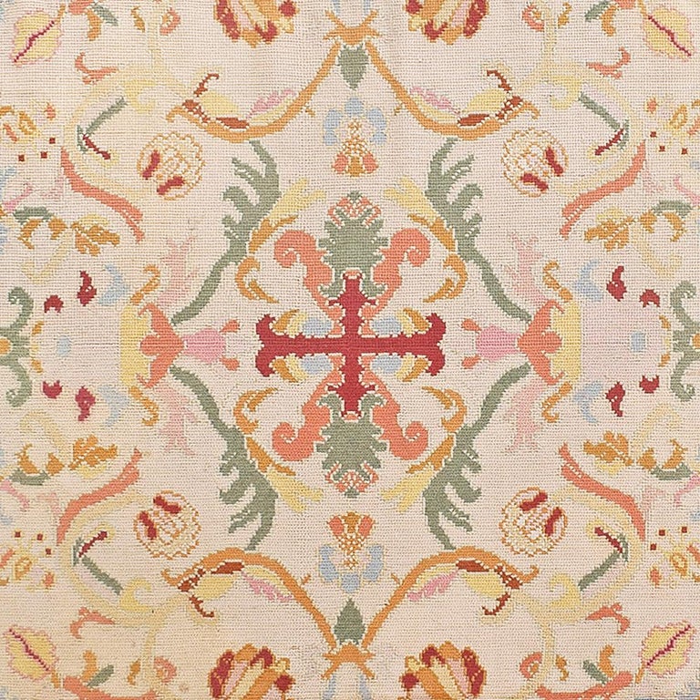Square Antique Portuguese Needlepoint Rug. Size: 11 ft 6 in x 11 ft 8 ...