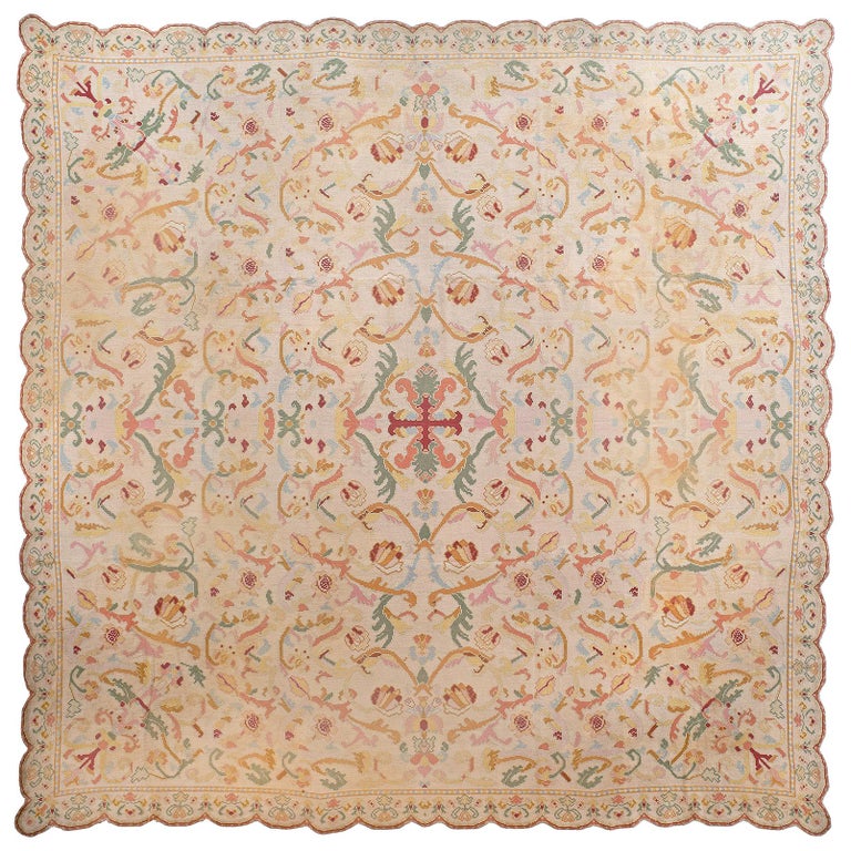 Square Antique Portuguese Needlepoint Rug. Size: 11 ft 6 in x 11 ft 8 ...