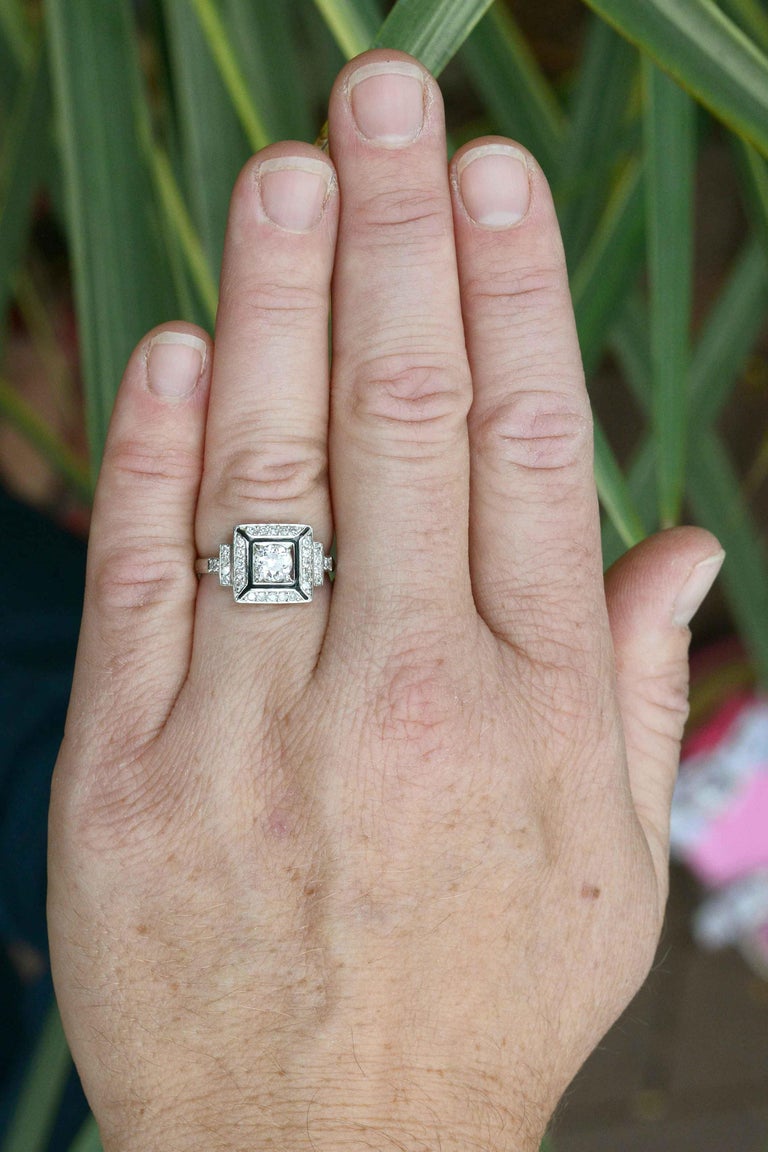 Square Art Deco Engagement Ring Black Enamel Certified Old European ...