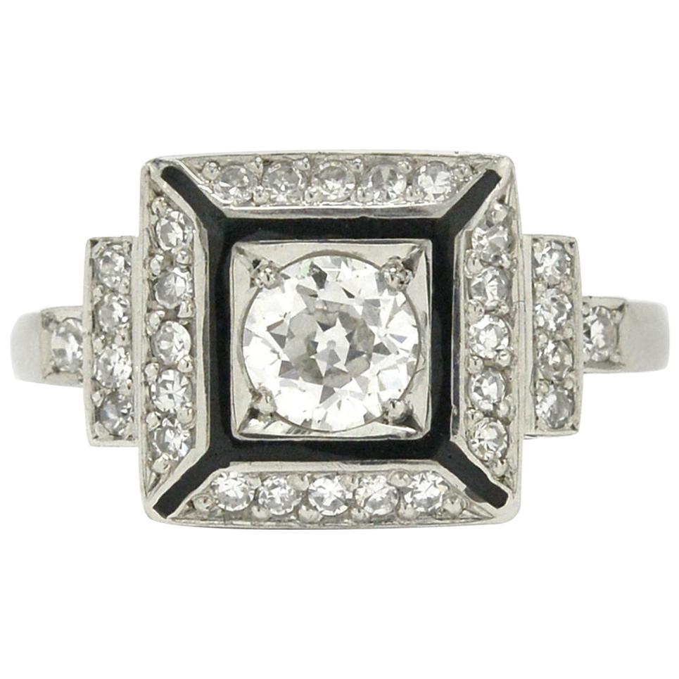 Square Art Deco Engagement Ring Black Enamel Certified Old European ...