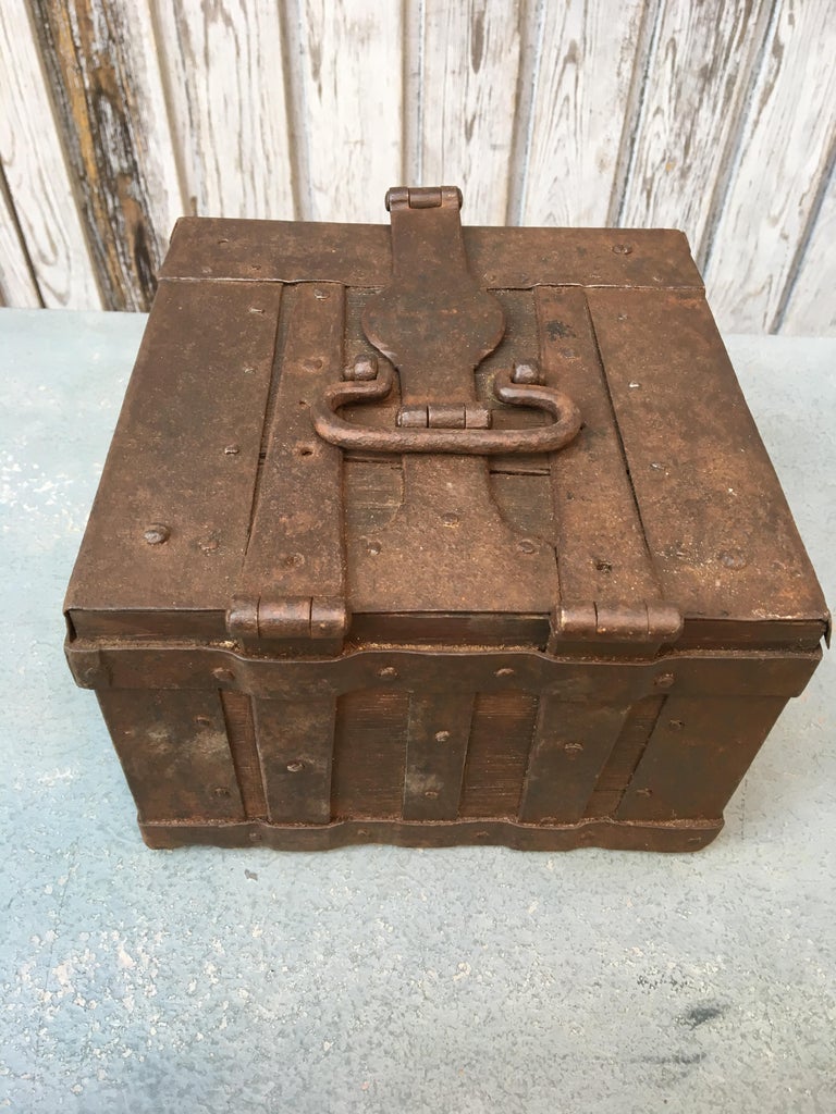Square Belgium 18th Century Baroque Oak And Iron Casket For Sale at 1stDibs