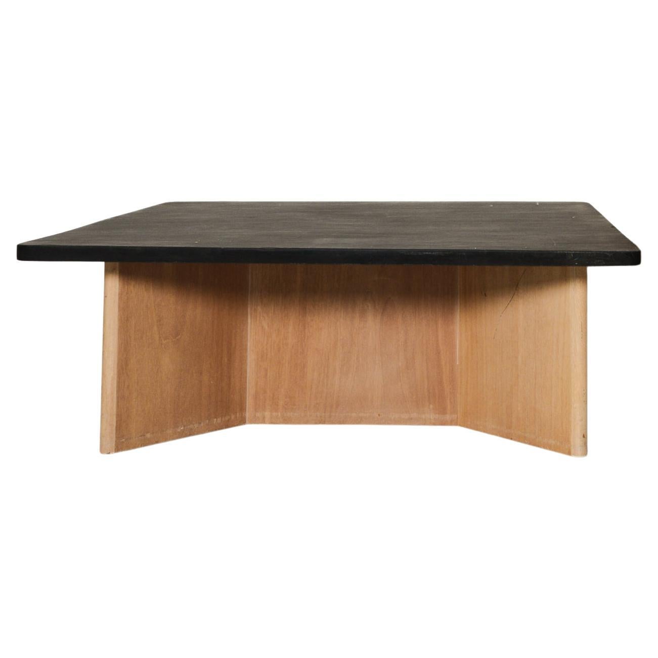 Square Black Slate Top, Oak Base Coffee Table in Style of Frank Lloyd ...