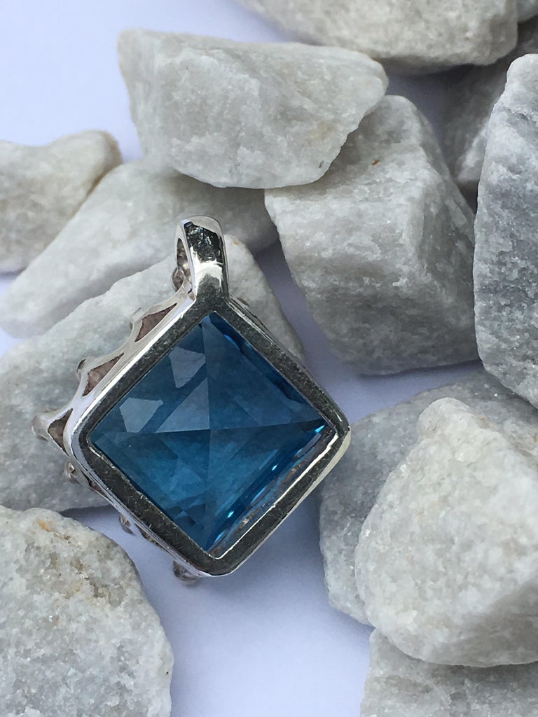 Square Blue Topaz Crown Pendant For Sale at 1stDibs
