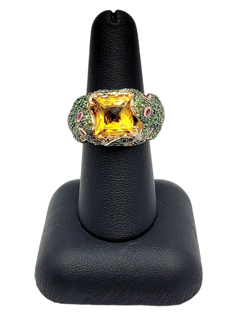 Square Citrine and Multi-Gemstone Two Frog Cocktail Ring in 14 Karat ...