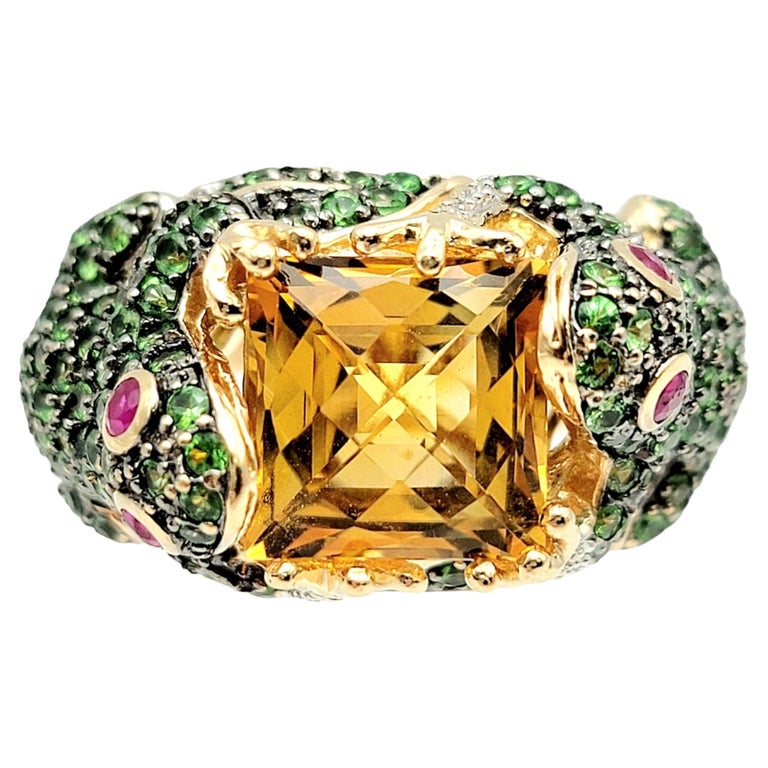 Square Citrine and Multi-Gemstone Two Frog Cocktail Ring in 14 Karat ...