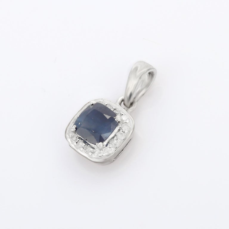 Dainty Square Cut Blue Sapphire and Diamond Pendant in 18K White Gold ...
