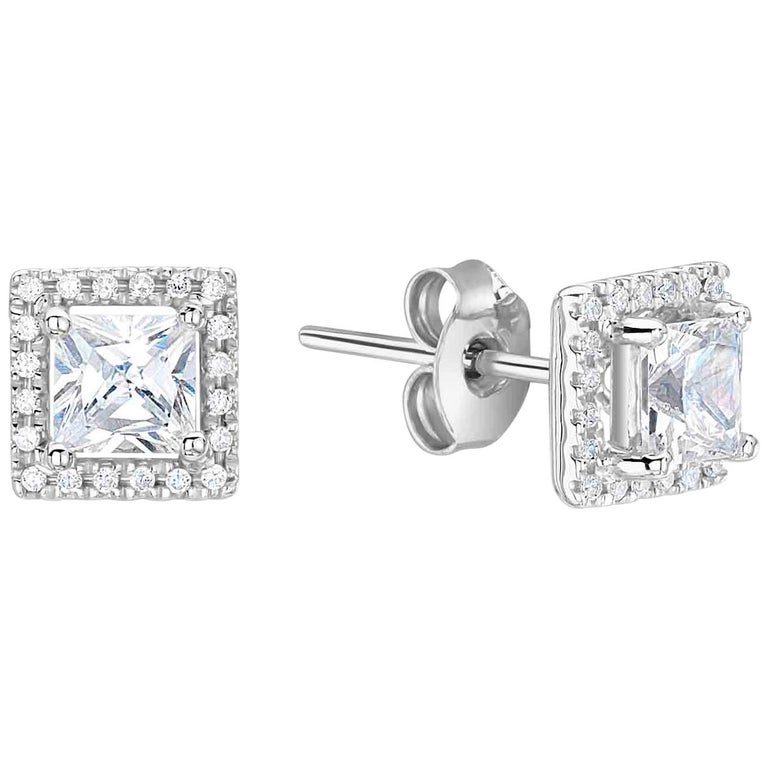 Square Cut Diamond Halo White Gold or Platinum Stud Earrings For Sale ...