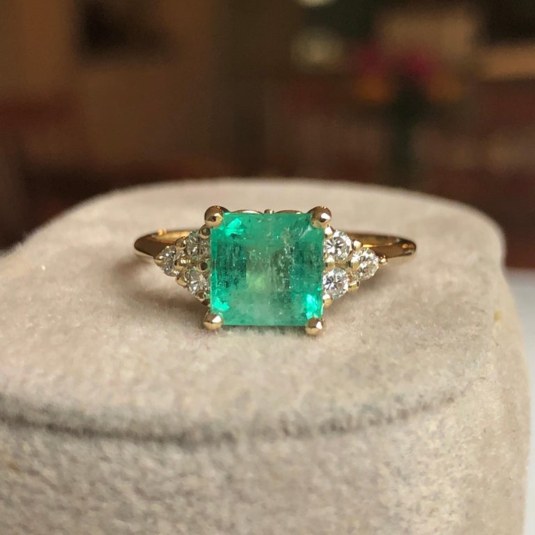 Square Cut Emerald and Diamond Ring Gold For Sale at 1stDibs