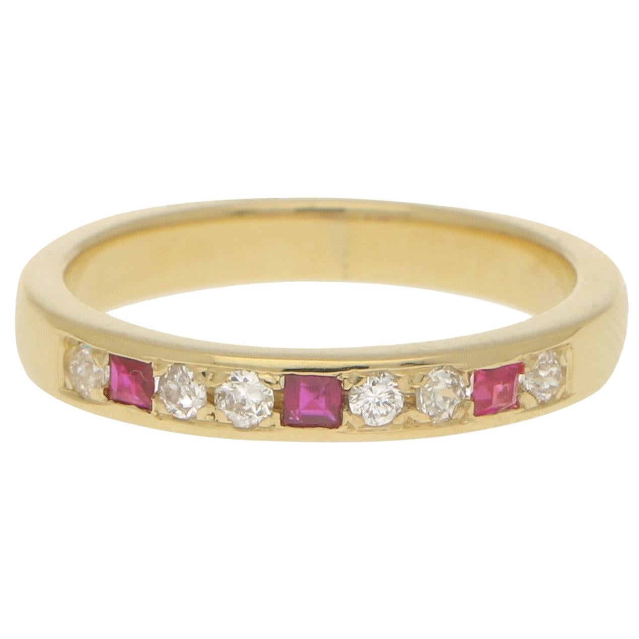 Square Cut Ruby and Diamond Half Eternity Ring in 18 Karat Yellow Gold ...