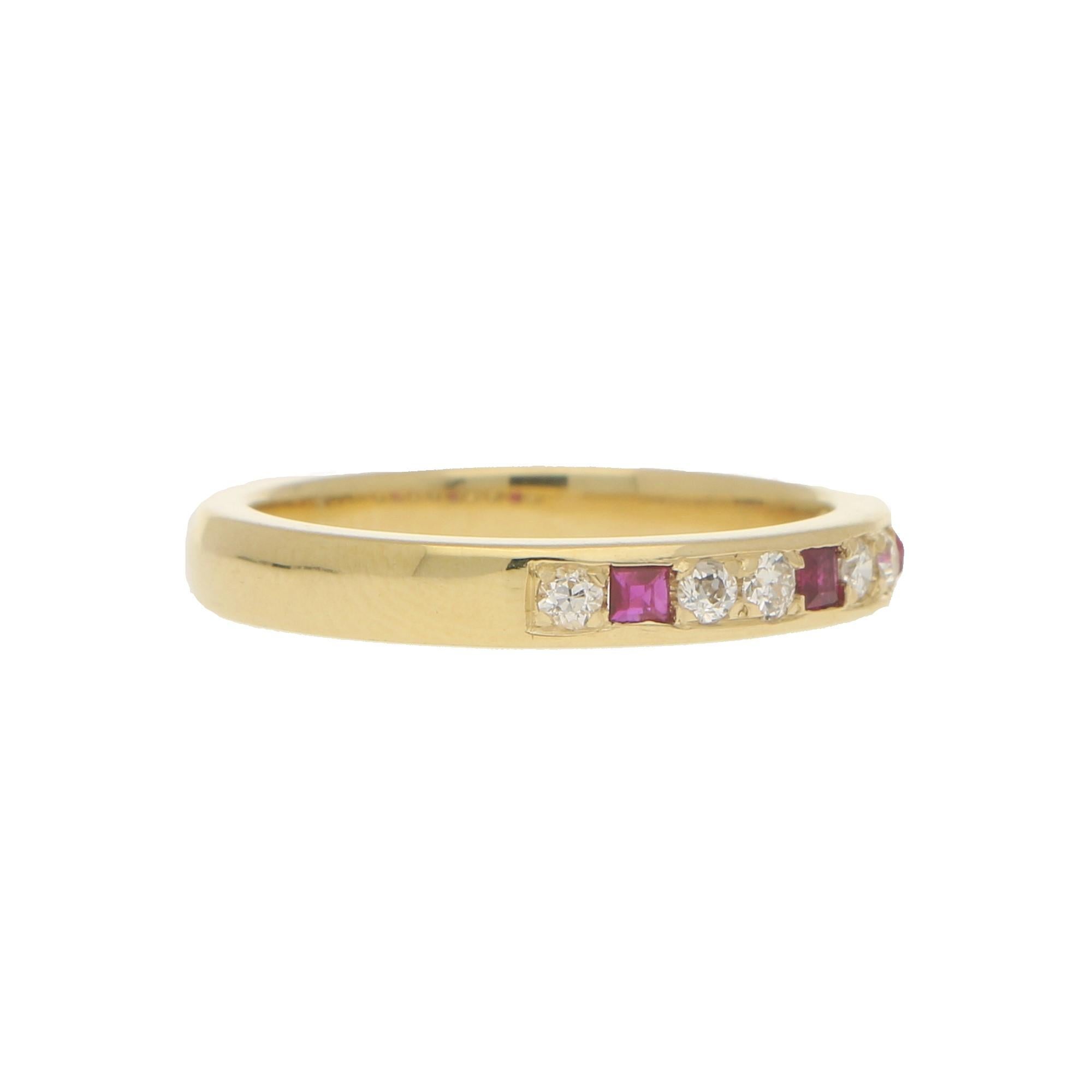 Square Cut Ruby and Diamond Half Eternity Ring in 18 Karat Yellow Gold ...