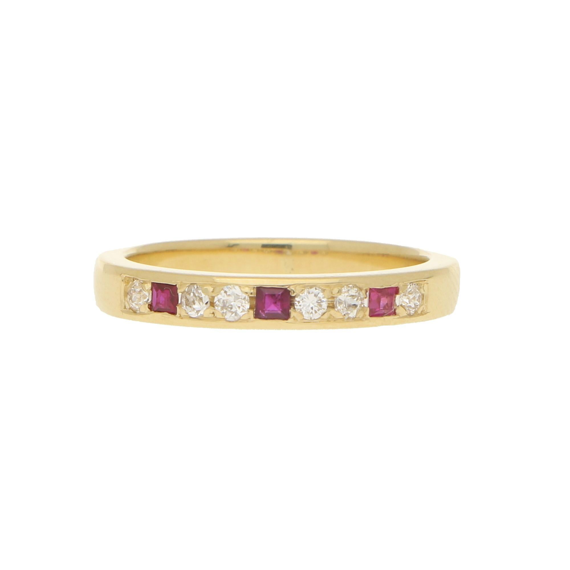 Square Cut Ruby and Diamond Half Eternity Ring in 18 Karat Yellow Gold ...