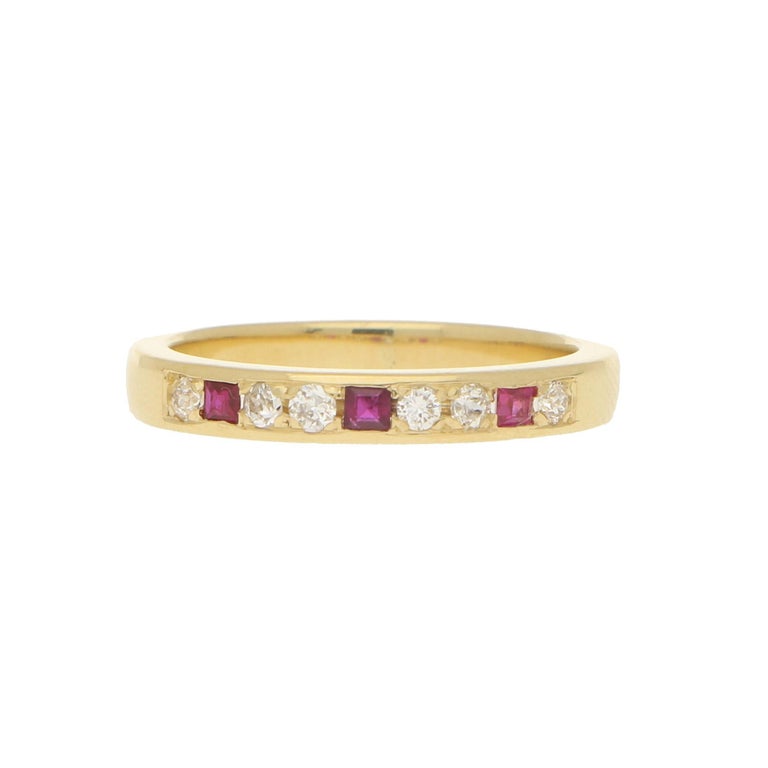 Square Cut Ruby and Diamond Half Eternity Ring in 18 Karat Yellow Gold ...