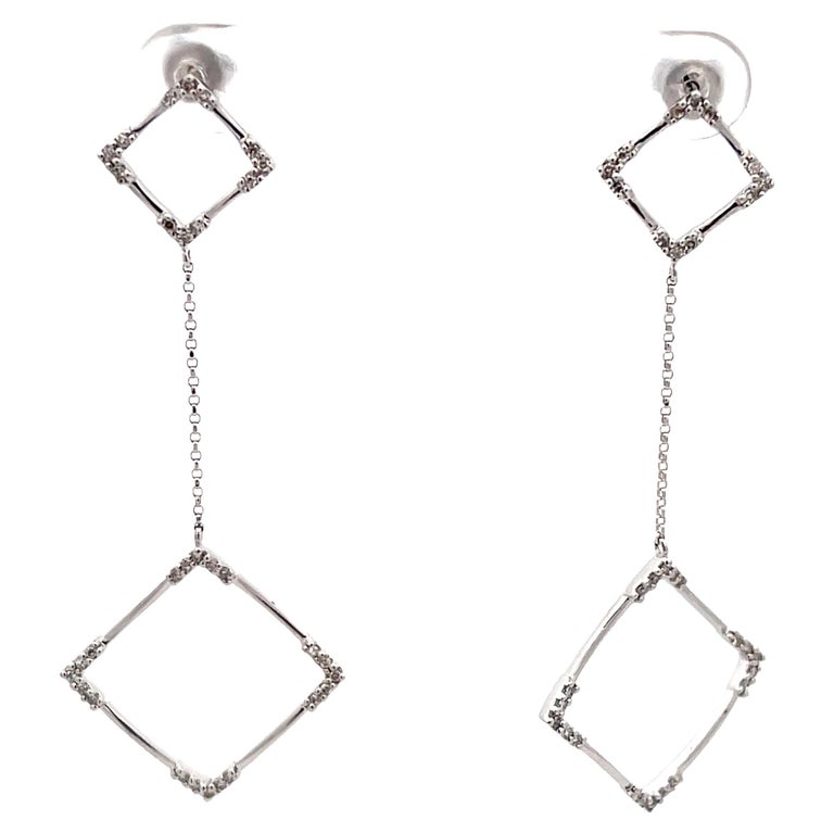 Square Diamond Drop Dangling Earrings in 14k White Gold For Sale at 1stDibs