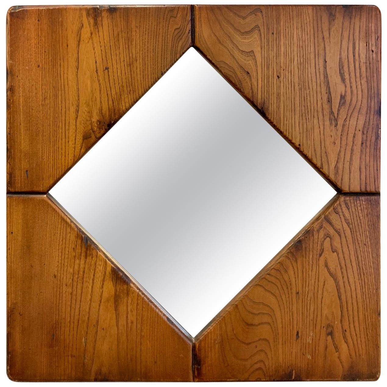 Square Elm Wood Mirror, 1970 at 1stDibs