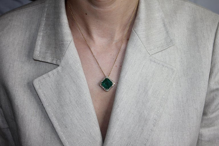 Square Emerald Diamond Halo 18 Karat Yellow Gold Unique Amulet Pendant ...