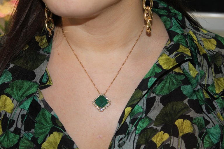 Square Emerald Diamond Halo 18 Karat Yellow Gold Unique Amulet Pendant ...
