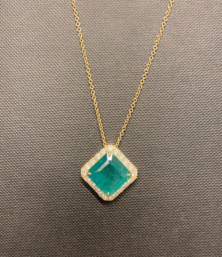 Square Emerald Diamond Halo 18 Karat Yellow Gold Unique Amulet Pendant ...