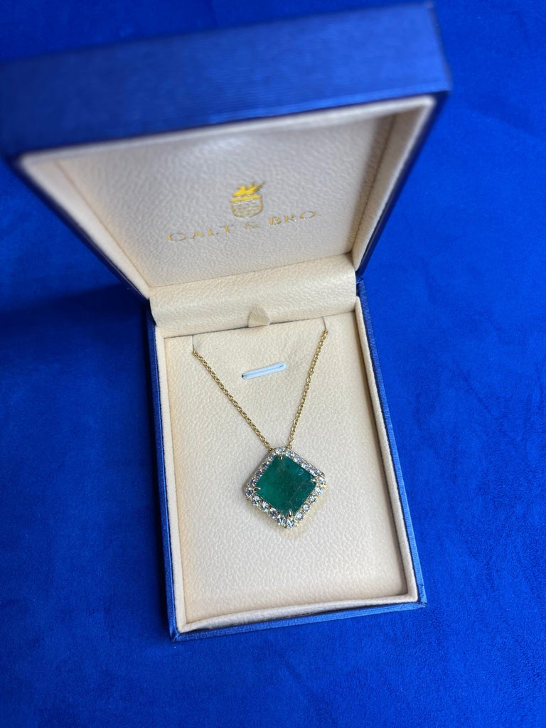 Square Emerald Diamond Halo 18 Karat Yellow Gold Unique Amulet Pendant ...