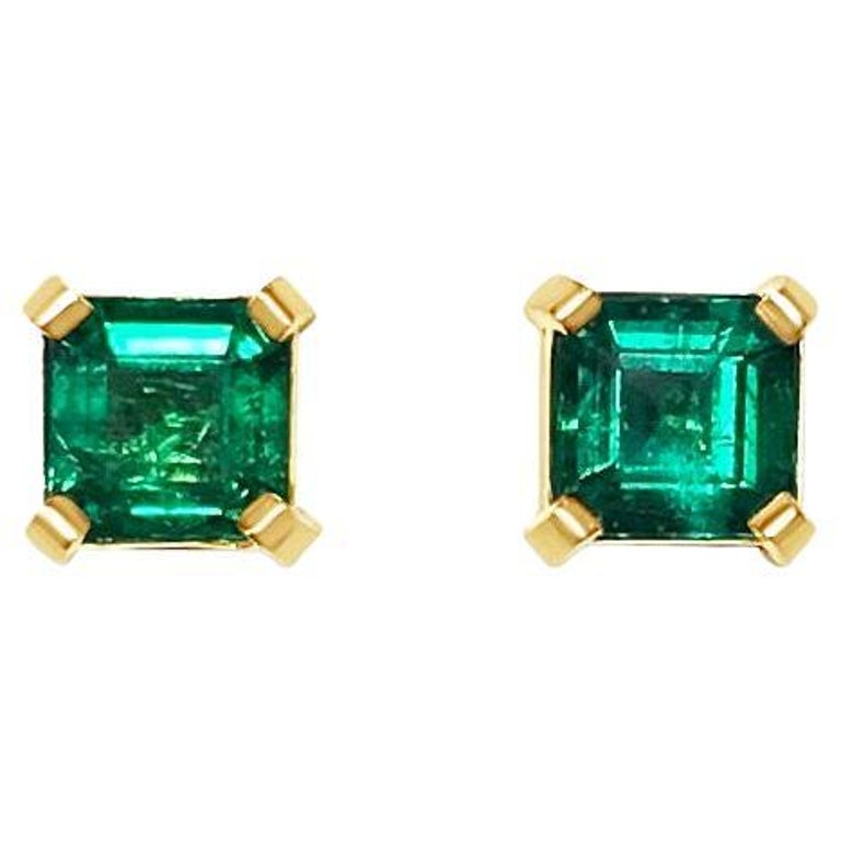 Square 1ct Emerald Earrings in 14k Yellow Gold For Sale at 1stDibs