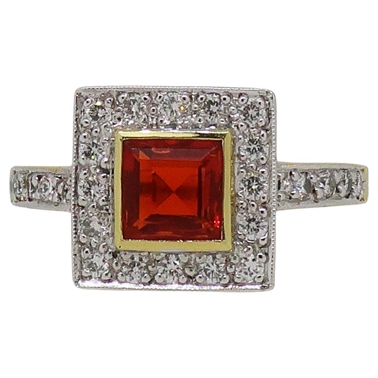 Square Fire Opal and Diamond Cluster Ring 18 Karat Yellow and White ...