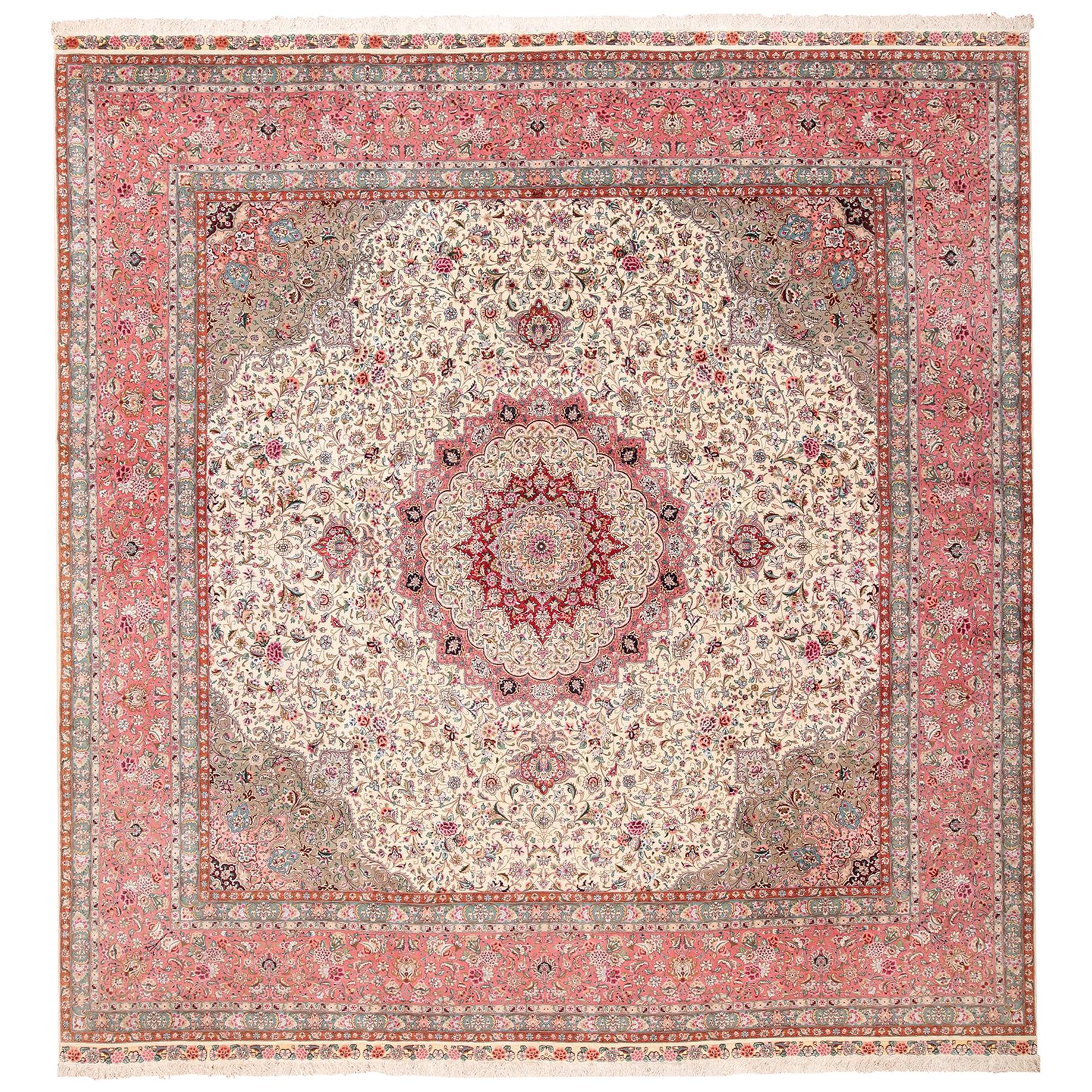 Square Floral Silk and Wool Vintage Tabriz Persian Rug. Size: 13 ft x ...