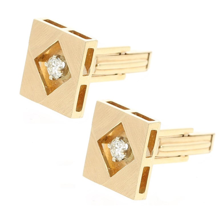 Square Gold and Diamond Cufflinks, 14 Karat Yellow Gold at 1stDibs