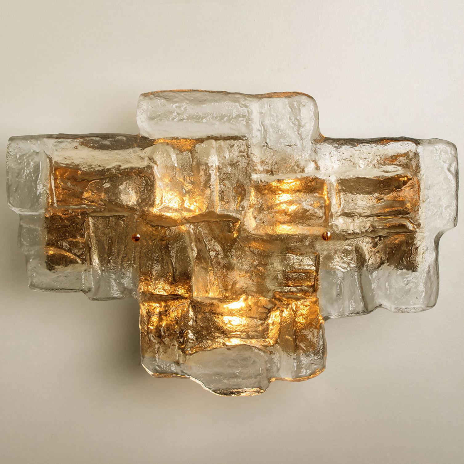 Square Iceglass and Brass Wall Light by Kalmar Lighting, 1970s For Sale ...
